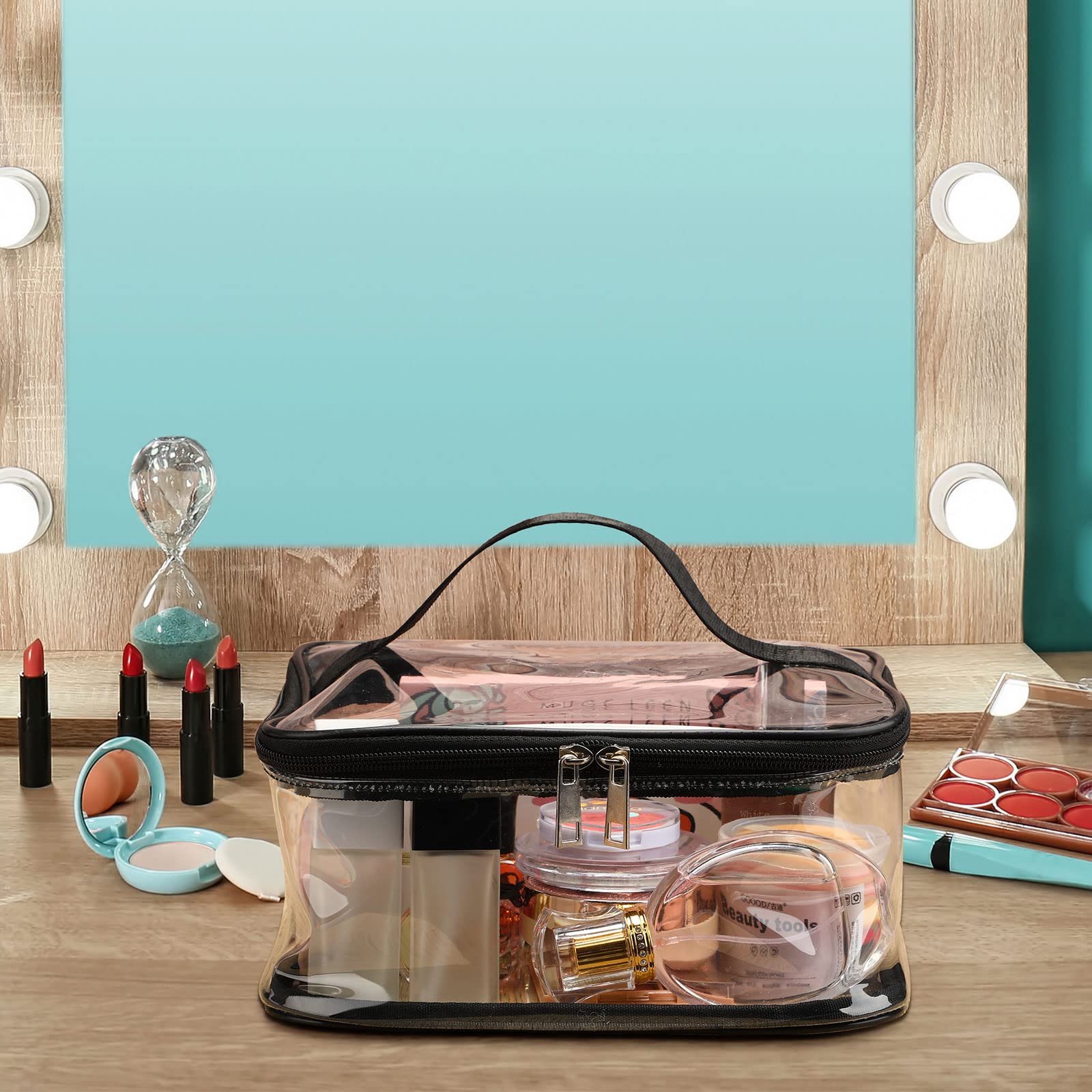 6 Pcs Large Clear Cosmetic Bags Clear Makeup Bag Transparent Zipper Travel Bag Toiletry Makeup PVC Bag Waterproof Portable Organizer Storage Pouch with Handle for Vacation Bathroom (Black Edge)