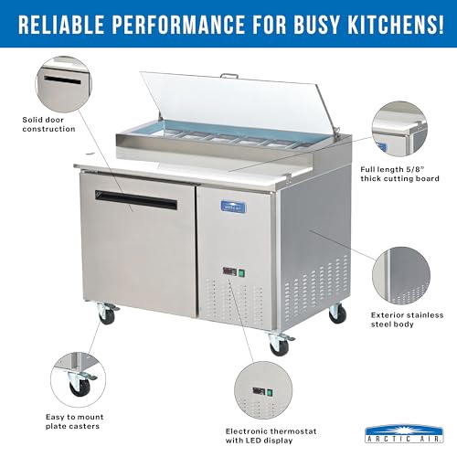 Arctic Air APP48R Single Door Refrigerated Pizza Prep Table/Station with Wheels, 47.5" Width, Stainless Steel, 115v, for Restaurant, Bar, Shop, etc.