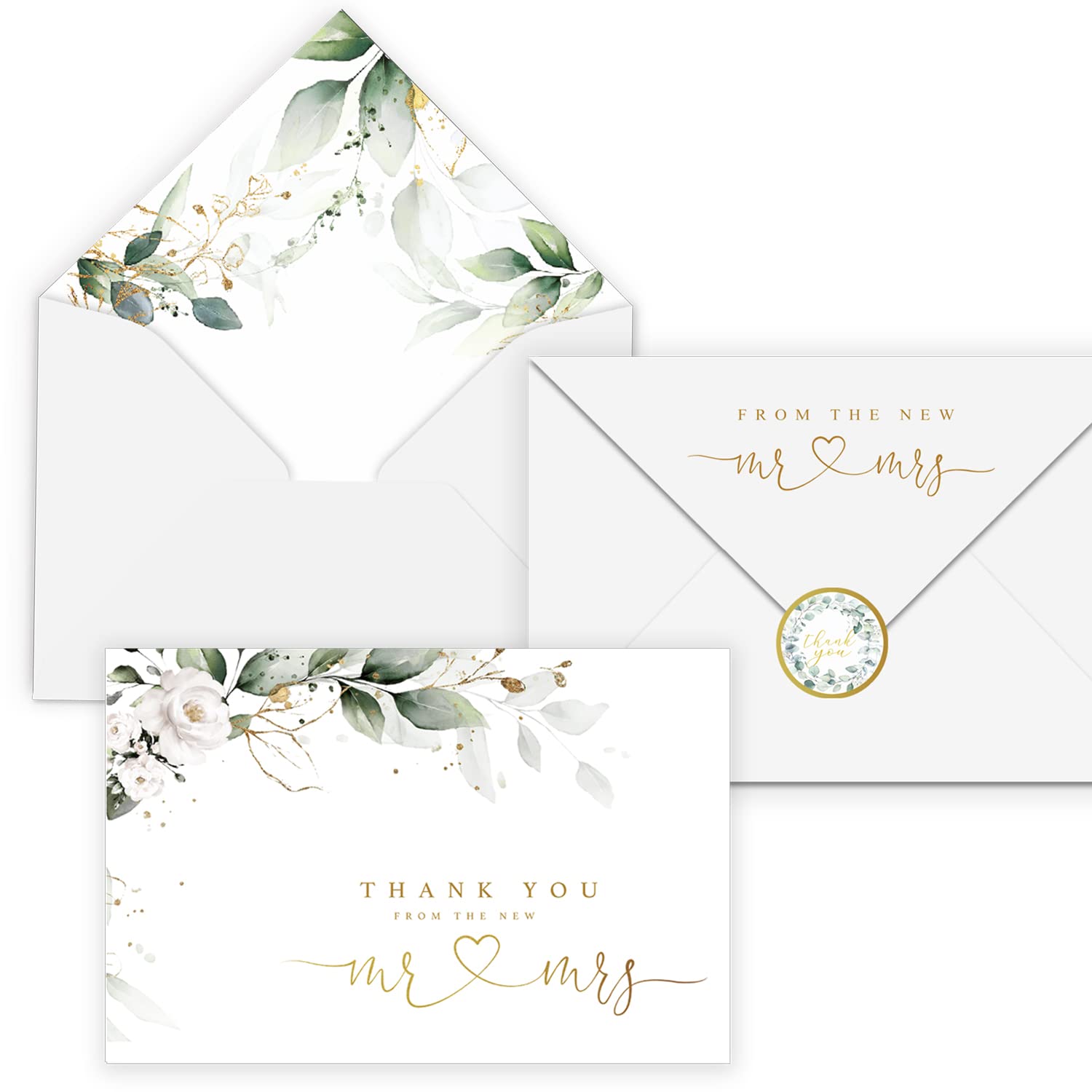 AMNADOF 100 Wedding Thank You Cards with Envelopes & Stickers | Bulk Mr and Mrs Thank You Notes Blank on the Inside | Greenery & Gold Foil Thank You From the New Mr & Mrs.