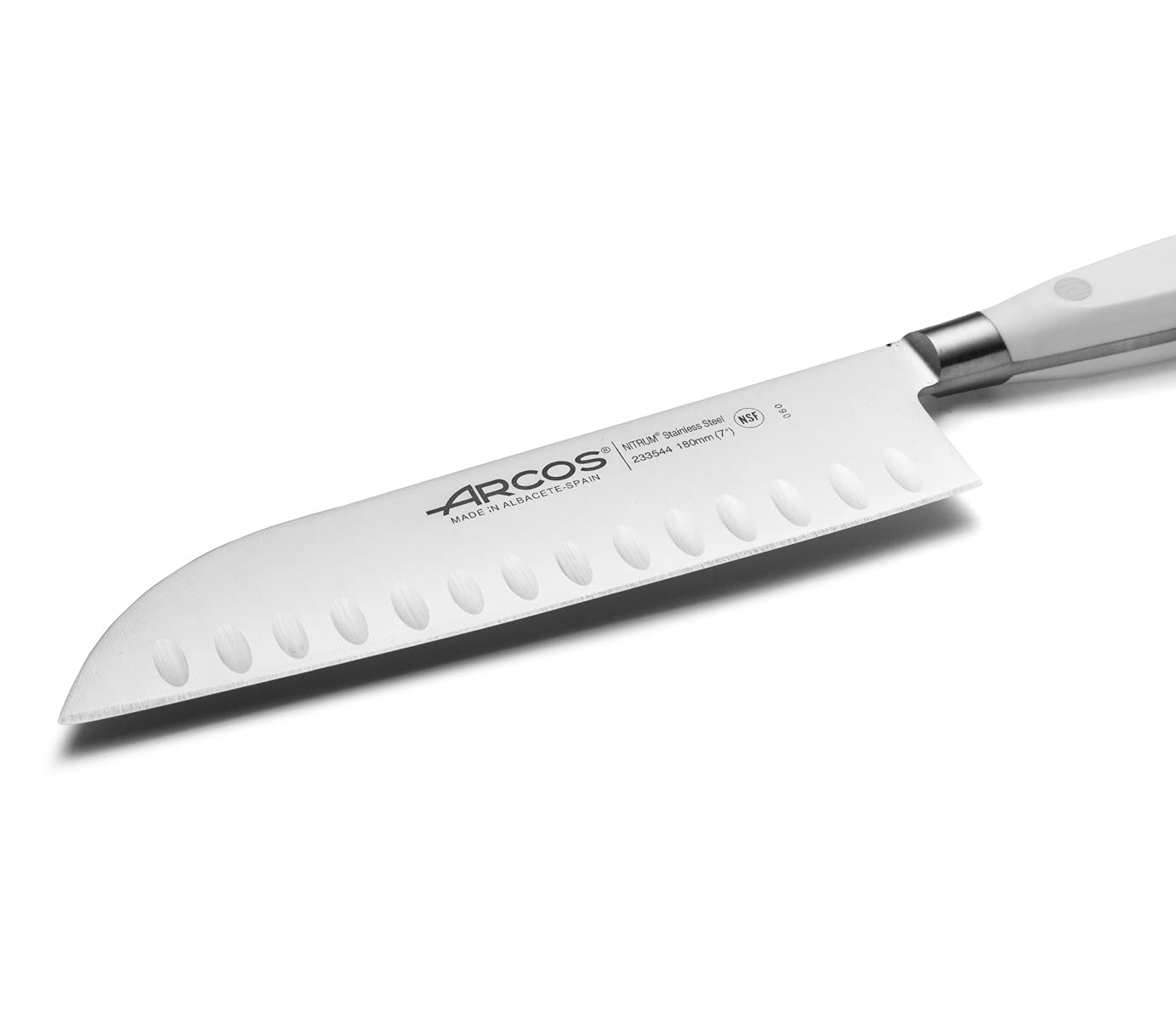 ARCOS Forged Santoku Knife 7 Inch Stainless Steel. Japanese Sharp Knife For Cutting Meat, Fish and Vegetables. Ergonomic Polyoxymethylene Handle and 180mm Blade. Series Riviera Blanc. Color White,