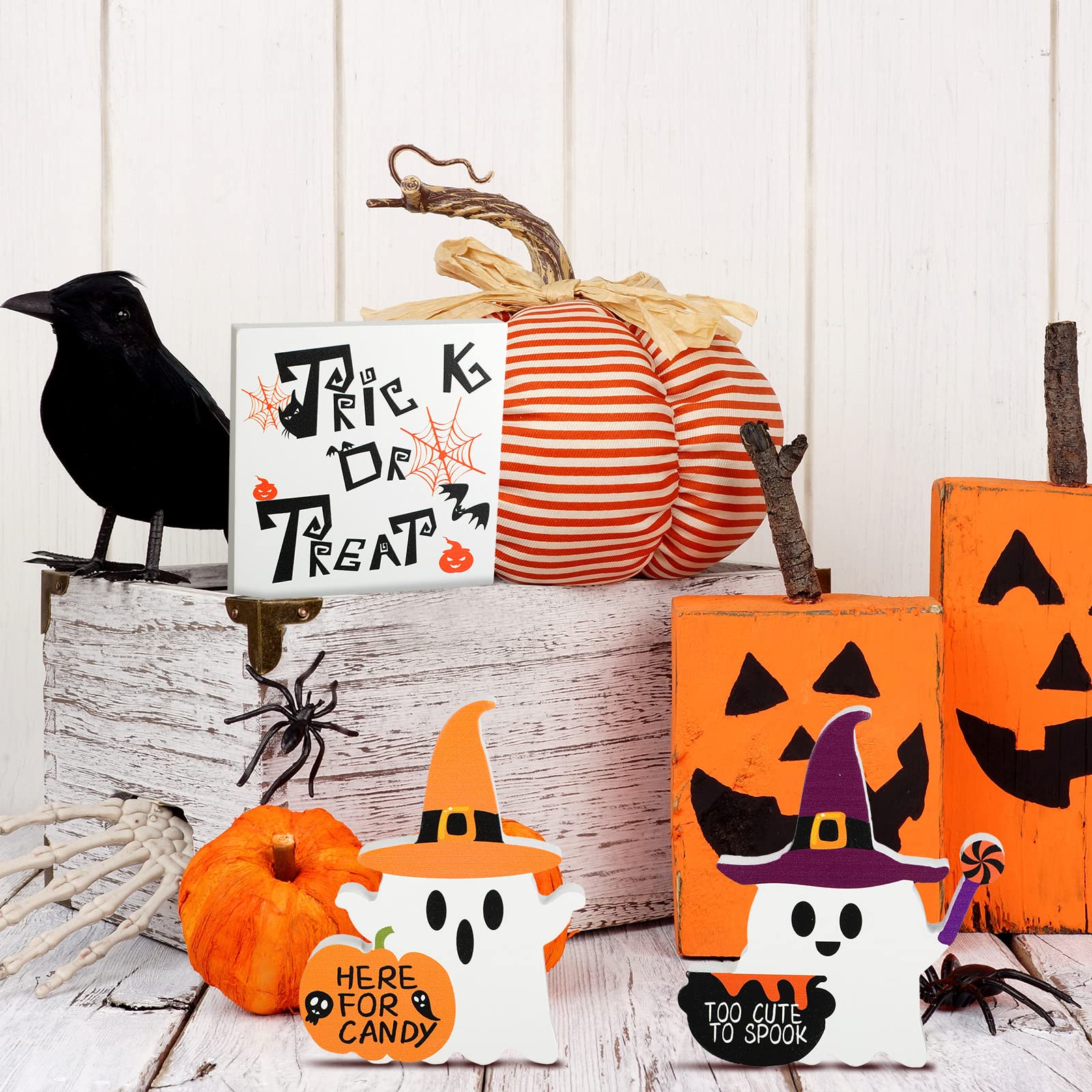 4 Pieces Halloween Decor Halloween Tiered Tray Decorations Tabletop Wooden Ghost Theme Table Centerpieces Cute Decor Boo Halloween Blocks Spooky Sign Trick or Treat Candy Sign for Home Shelf Party