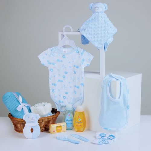 Basket for Boy - 18 Baby Boy Essentials, Blue Baby Gift Sets for Newborn, New Baby Boy Gift Basket, Maternity Welcome Baby Boy Gift