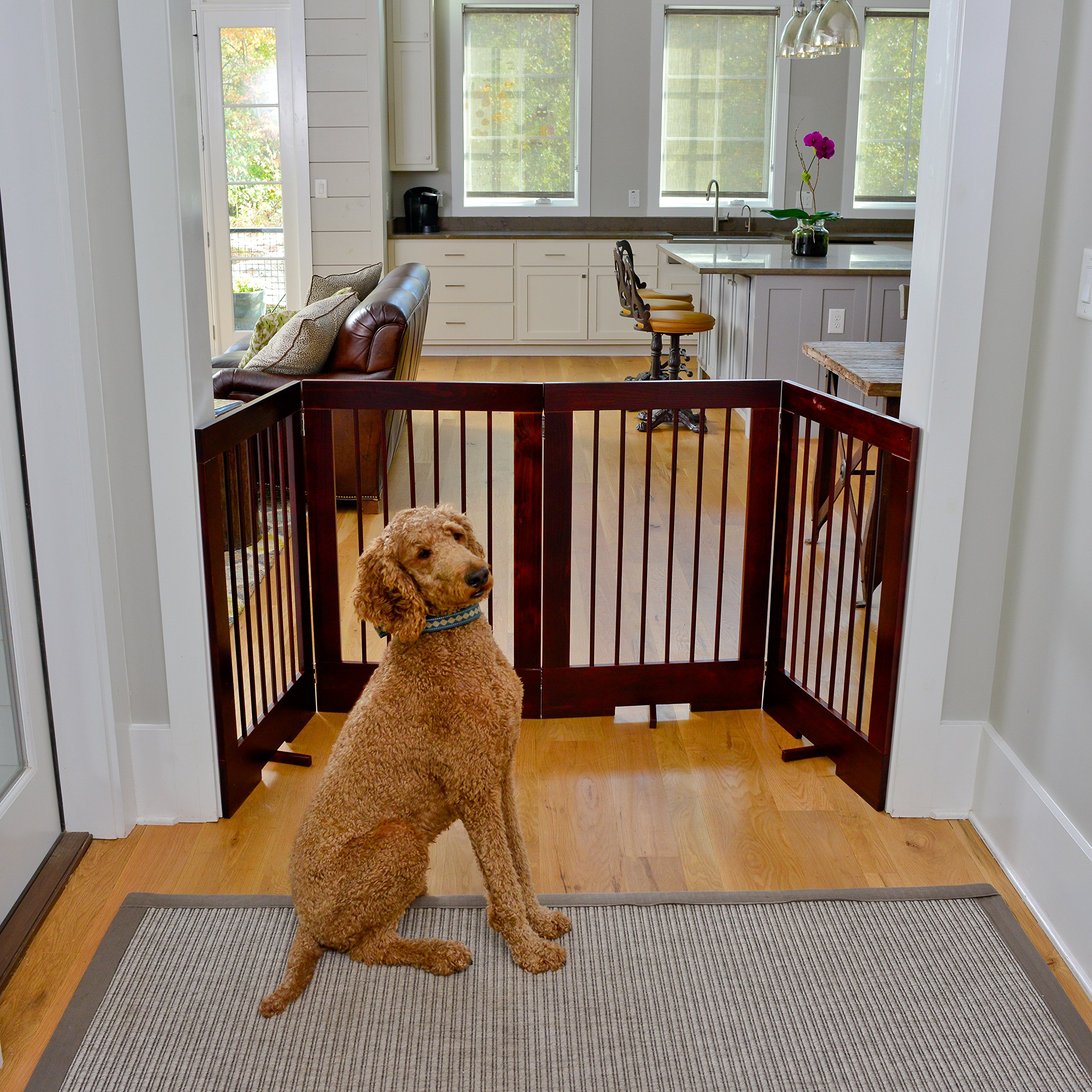 Cardinal Gates 4PG 4-Panel Freestanding Pet Gate - Adjustable Wooden Dog Gate - Indoor Cat Gate for Doorway - 36 Inches Tall x 76 Inches Wide - Walnut