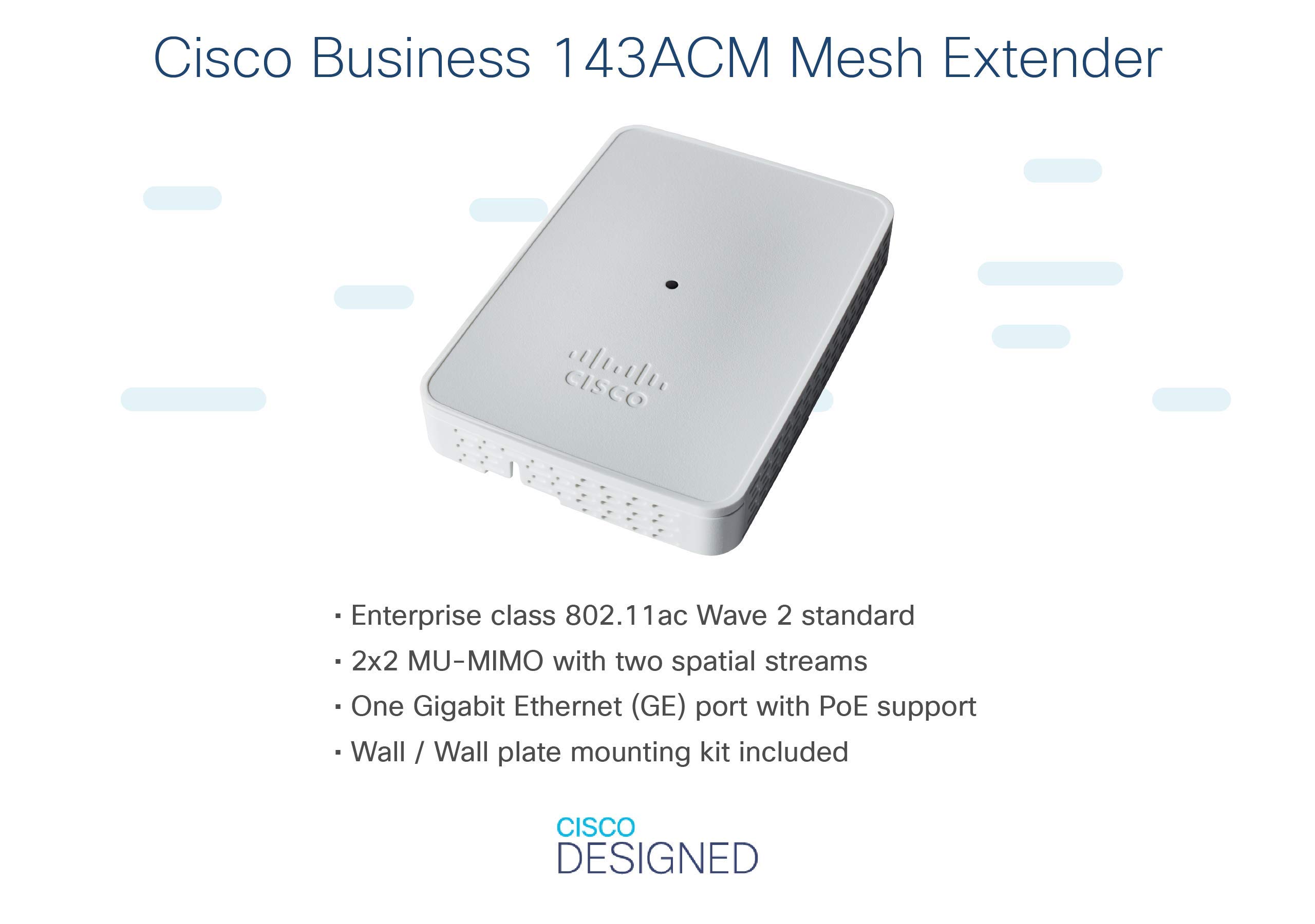 Cisco Business 143ACM Wi-Fi Mesh Extender | 802.11ac | 2x2 | 1 GbE Port | Wall Mount | Limited Lifetime Protection (CBW143ACM-B-NA) | Requires Cisco Business Wireless Access Points