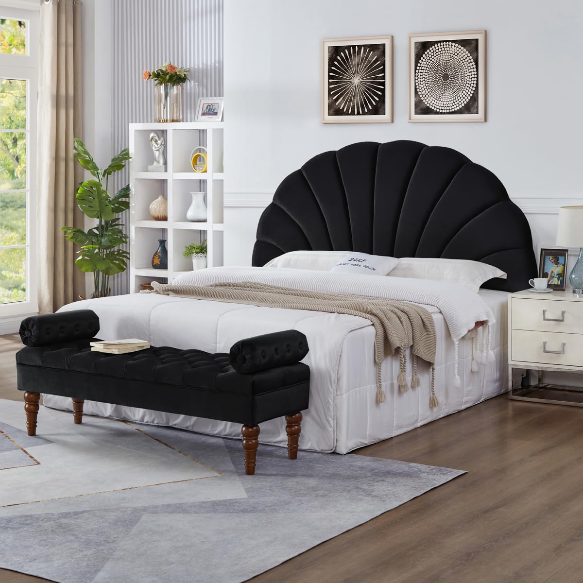 24KF Stunning Crown Design King Headboard, Upholstered Soft Velvet Petal Pattern Headboard King/CA King-Beige