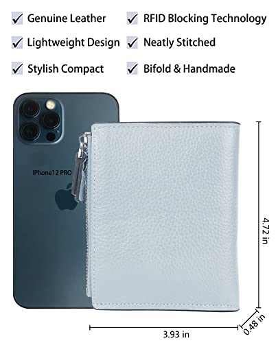 AINIMOER Women's RFID Blocking Leather Small Compact Bi-fold Zipper Pocket Wallet Card Case Purse with id Window (Lichee Grayish White)