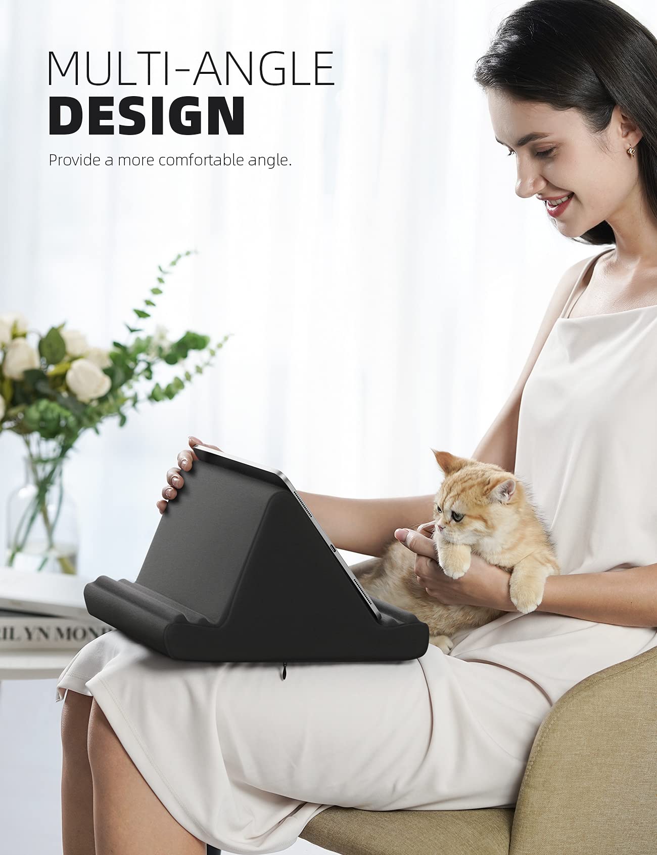 Lamicall Tablet Pillow Holder Stand - Tablet Pillow Soft Pad Dock for Lap, Bed and Desk with Pocket & 4 Viewing Angles, for 2022 iPad Pro 11, 12.9, Air, Mini, Kindle, 4-13" Phone and Tablet, Black