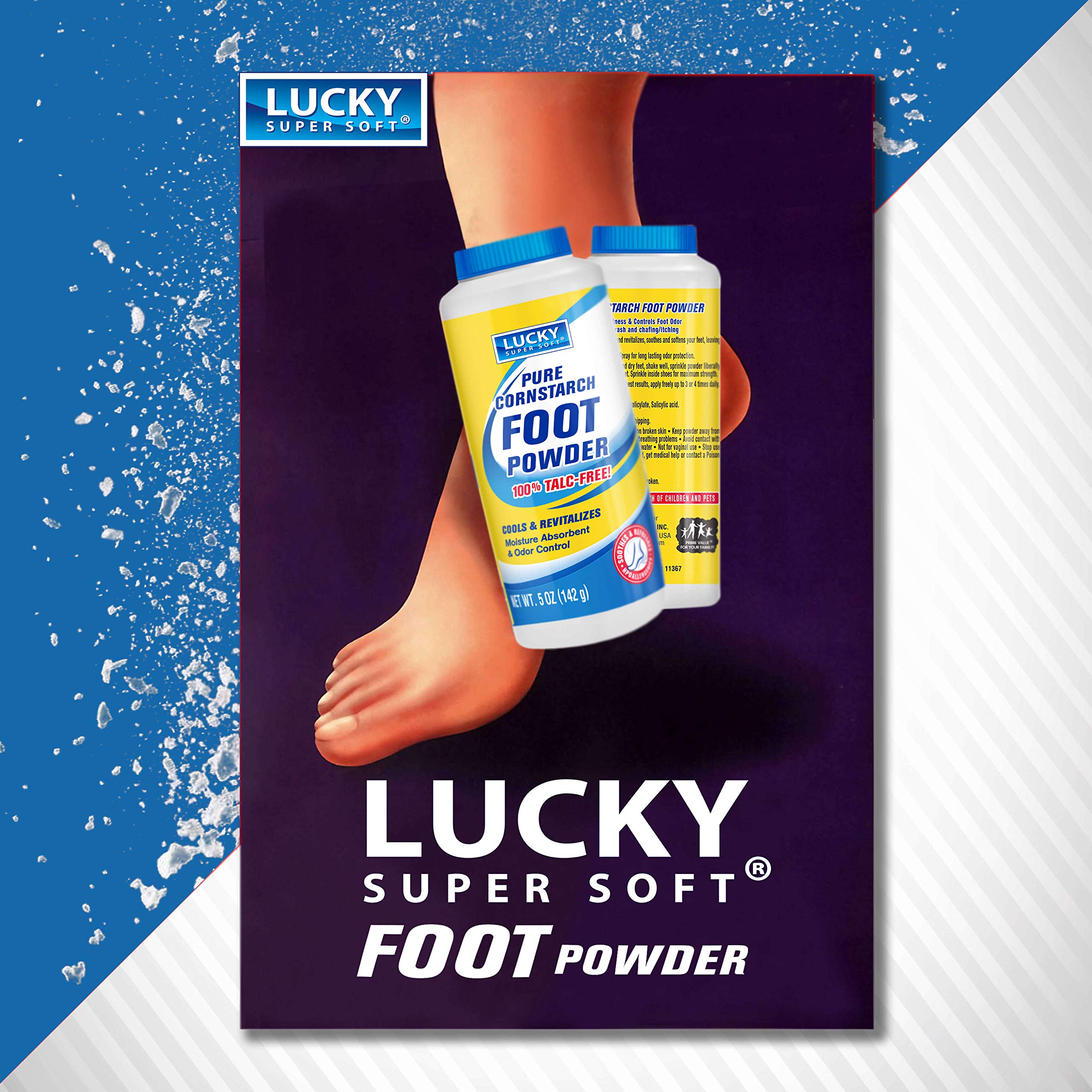 Lucky Super Soft Cornstarch Foot Powder, Talc-Free, Moisture Absorbing Odor Fighting Formula, Natural Protection Against Chafing - (12, 5-Ounce Bottles)