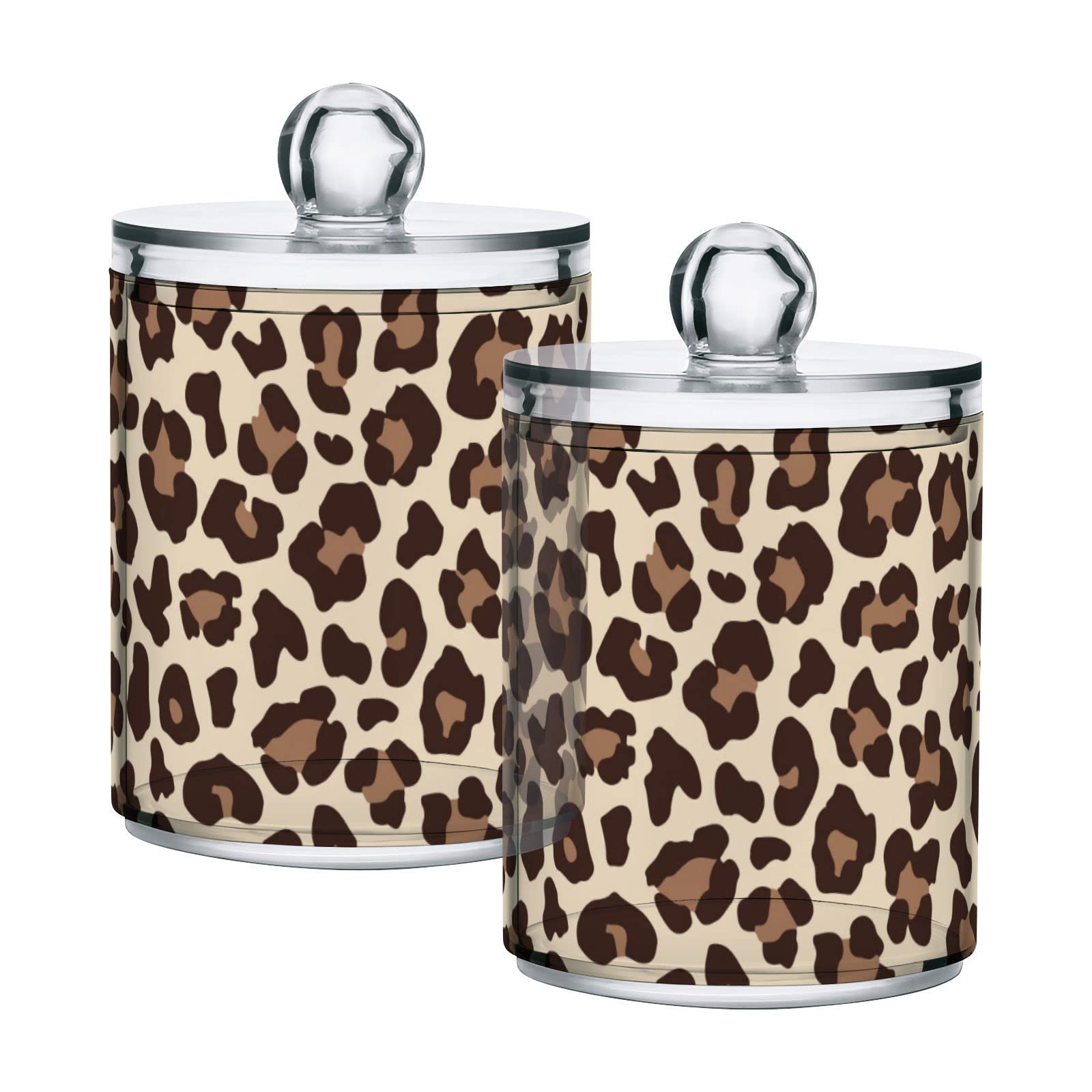 ALAZA 4 Pack Qtip Holder Dispenser Leopard Print Cheetah Cotton Ball Cotton Swab Cotton Round Pads Floss Clear Bathroom Storage Containers Plastic Apothecary Jars with Lids