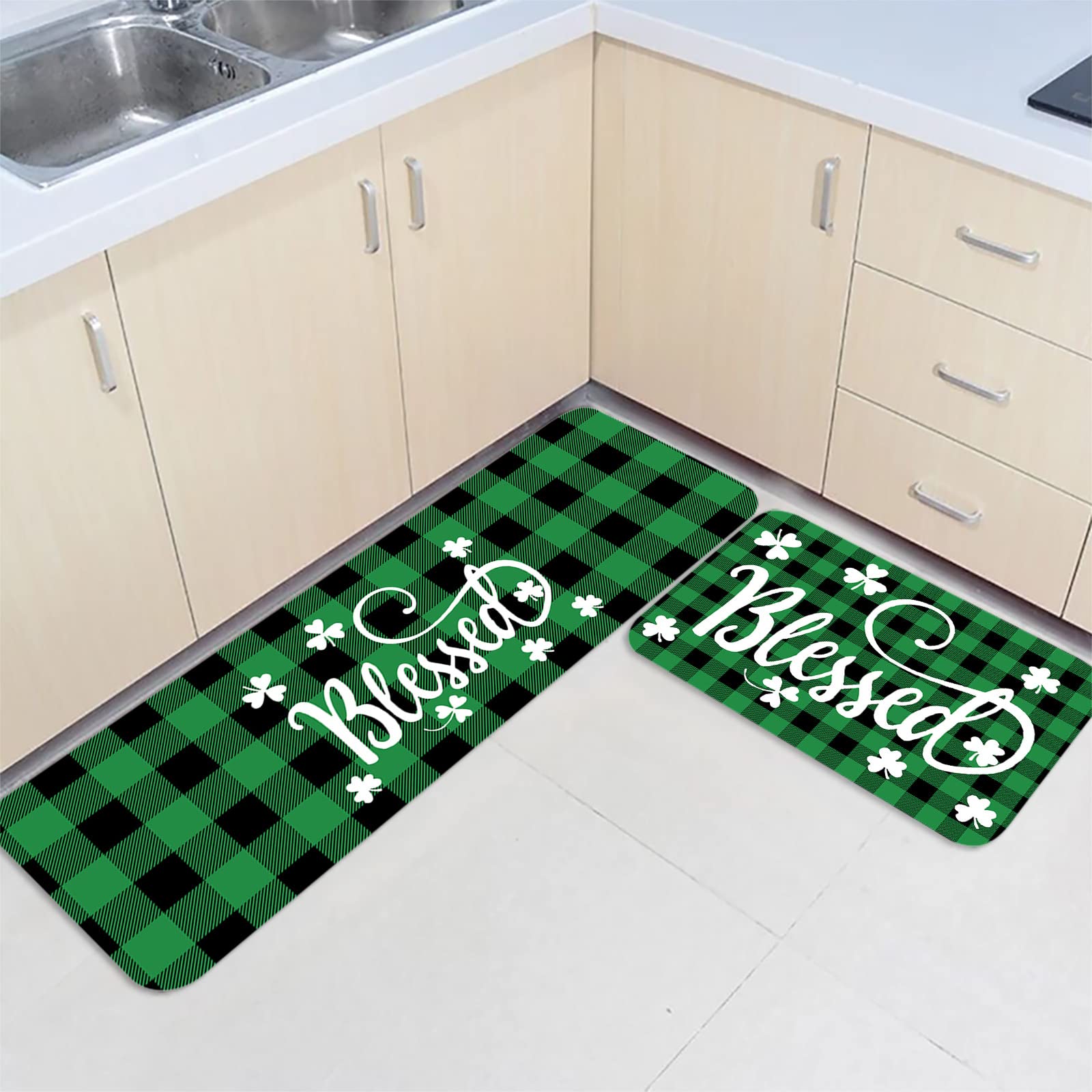2 Pcs St Patricks Day Kitchen Rug Set, Non-Slip Kitchen Mats and Rugs Comfort Floor Door Mat Doormat, Irish Spring Shamrock Saint Black Green Buffalo Plaid Throw Bath Runner Rug Mat Extra Long