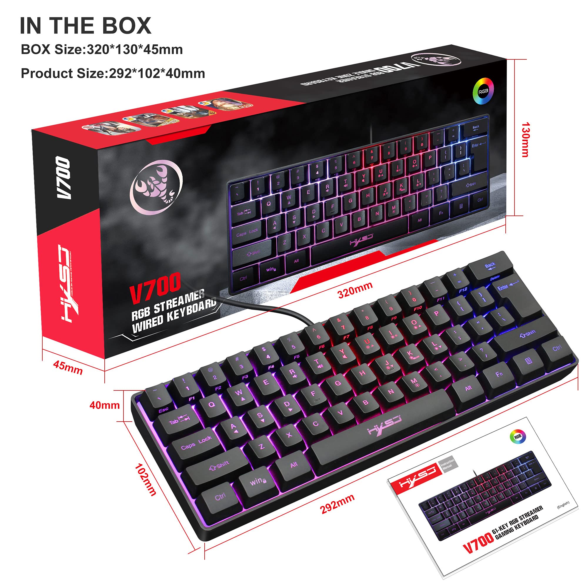 SELORSS 60% Mechanical Feel Gaming Keyboard,RGB Backlit Ultra-Compact Mini Keyboard, Ergonomic Metal Plate 61 Keys Keyboard,Wired Type-C USB Waterproof for Typist Laptop PC Mac Gamer