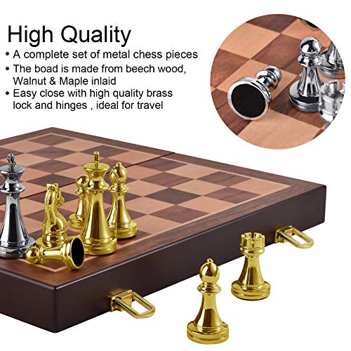 Agirlgle Metal Chess Set for Adults and Kids β Deluxe Chess Board with Chess Pieces β Travel Wooden Chess Set with Metal Pieces β Folding Chessboard β Ideal for Beginners and Professional Players