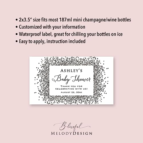 Baby Shower - Custom Silver Gray Glitter (Not Real Foil) Mini Champagne Bottle Label, Personalized Waterproof Mini Wine Bottle Sticker for Baby Shower