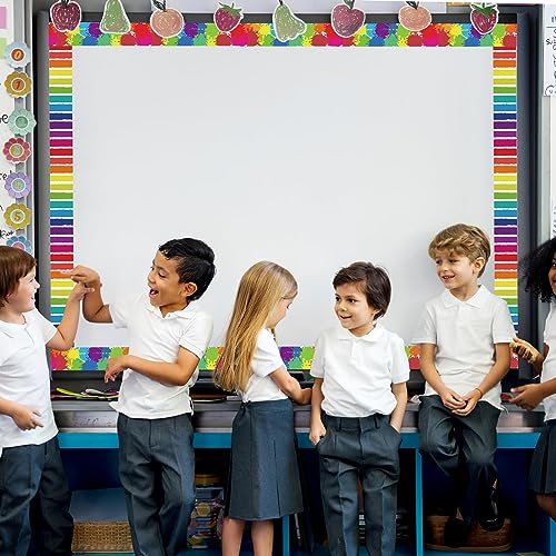 52ft Bulletin Board Border Decorations - 2 Rolls Rainbow Stripes Straight and Ink-Splashing Rolled Border Trim for School Classroom Bulletin Board Chalkboard Decor