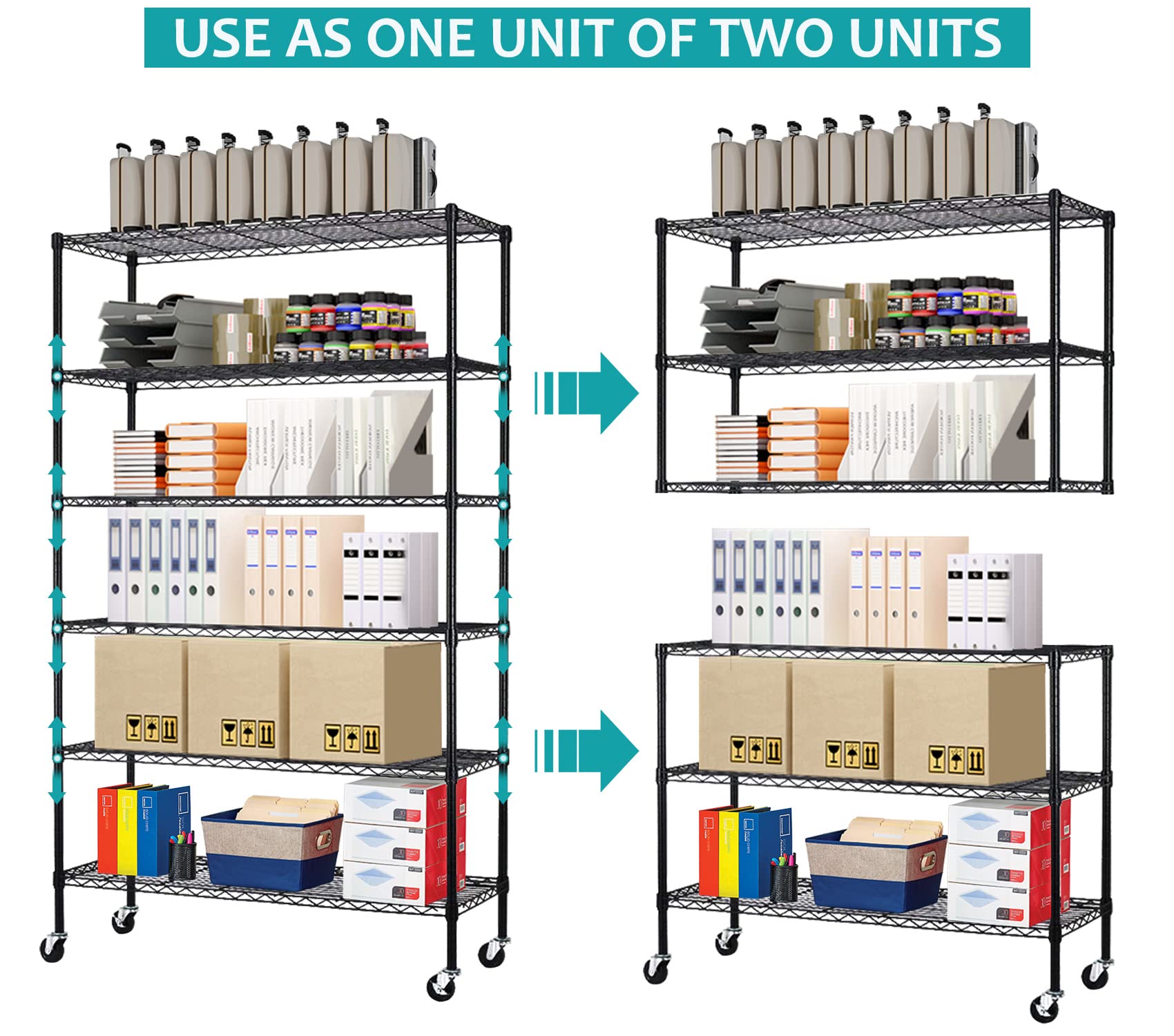 6 Tier Wire Shelving Unit Rack, NSF Heavy Duty Height Adjustable Storage Shelf Metal Shelving with Wheels/Feet Levelers for Garage Rack Kitchen Rack Office Rack Commercial Shelving - 18"x48"x82" Black