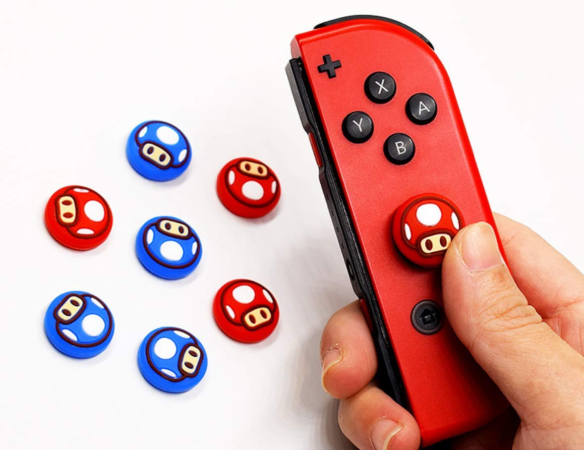 4PCS Silicone Cute Thumb Grip Caps Cover Ergonomic Joystick Caps Analog Thumb Stick Caps for Nintendo Switch NS Joy Con/Switch Lite Controlle Blue & Red Mushroom