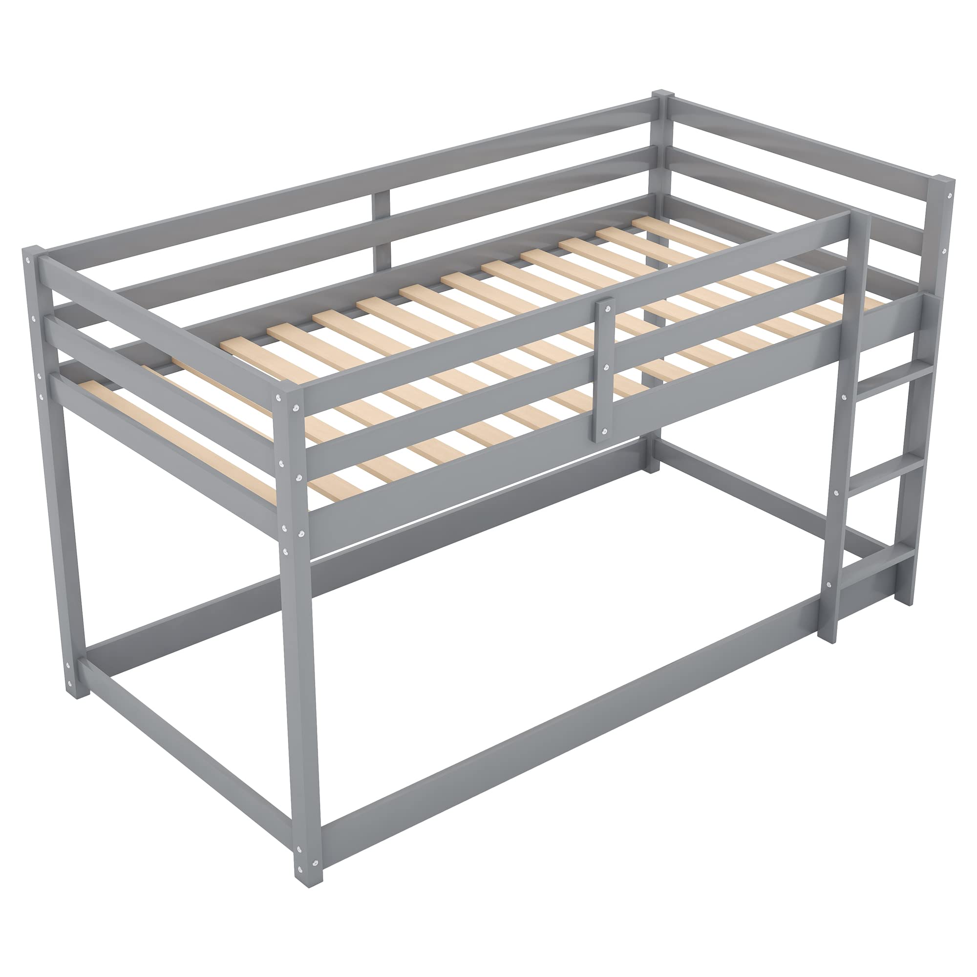 MWrouqfur Twin Over Twin Bunk Bed with Ladder & Safety Guardrails,Solid Pinewood Bedframe,Low Floor BunkBed for Boys and Girls Bedroom,Space Saving,No Box Spring Needed (Gray)