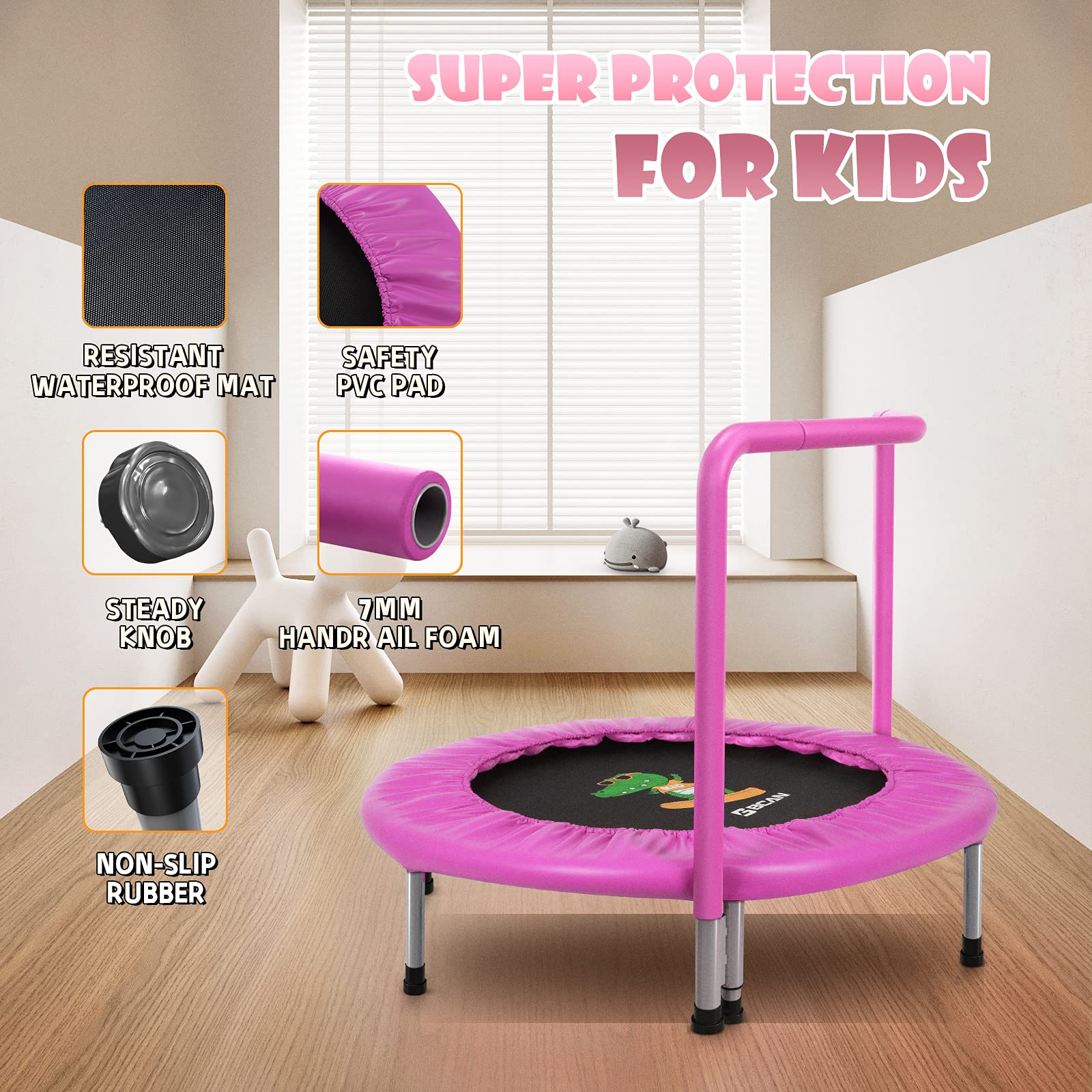 BCAN 36'' Mini Folding Ages 2 to 5 Toddler Trampoline with Handle for Kids, Two Ways to Assemble The Handle, Indoor/Garden Trampoline with Super Safe Padded Cover