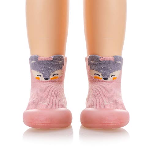 SeeyAN Baby Shoes First Walking Shoes Toddler Boys Girls Non Slip Rubber Sole Cartoon Slippers For Infant Indoor Baby Sock Shoes (Pink Fox, 6-12 Months)