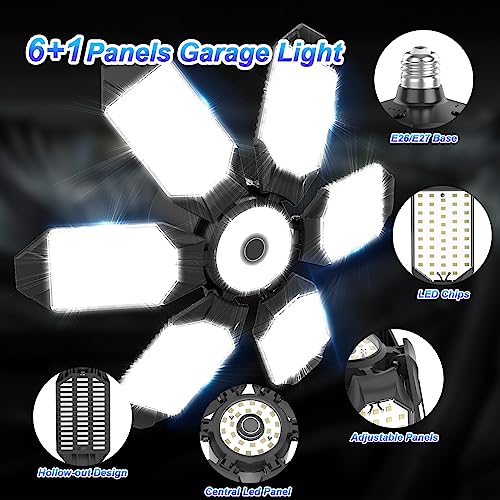 LED Garage Lights 120W LED Shop Light with 6 Ultra Bright Adjustable Panels Led Lights for Garage Light Deformable Ceiling Lights for Garage Attic Basement E26 E27 Base