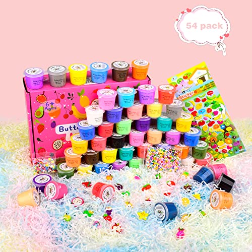 54 Pack Mini Butter Slime Kit for Girls Boys, Scented Fruit Party Favors, Soft and Non-Sticky, Stress Relief Putty Toys Kids,Educational