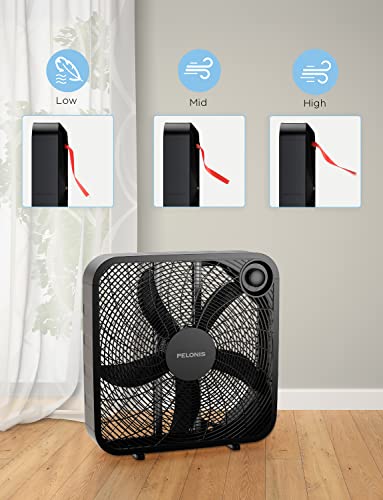 PELONIS 3-Speed Box Fan For Full-Force Circulation With Air Conditioner, Upgrade Floor Fan, Black