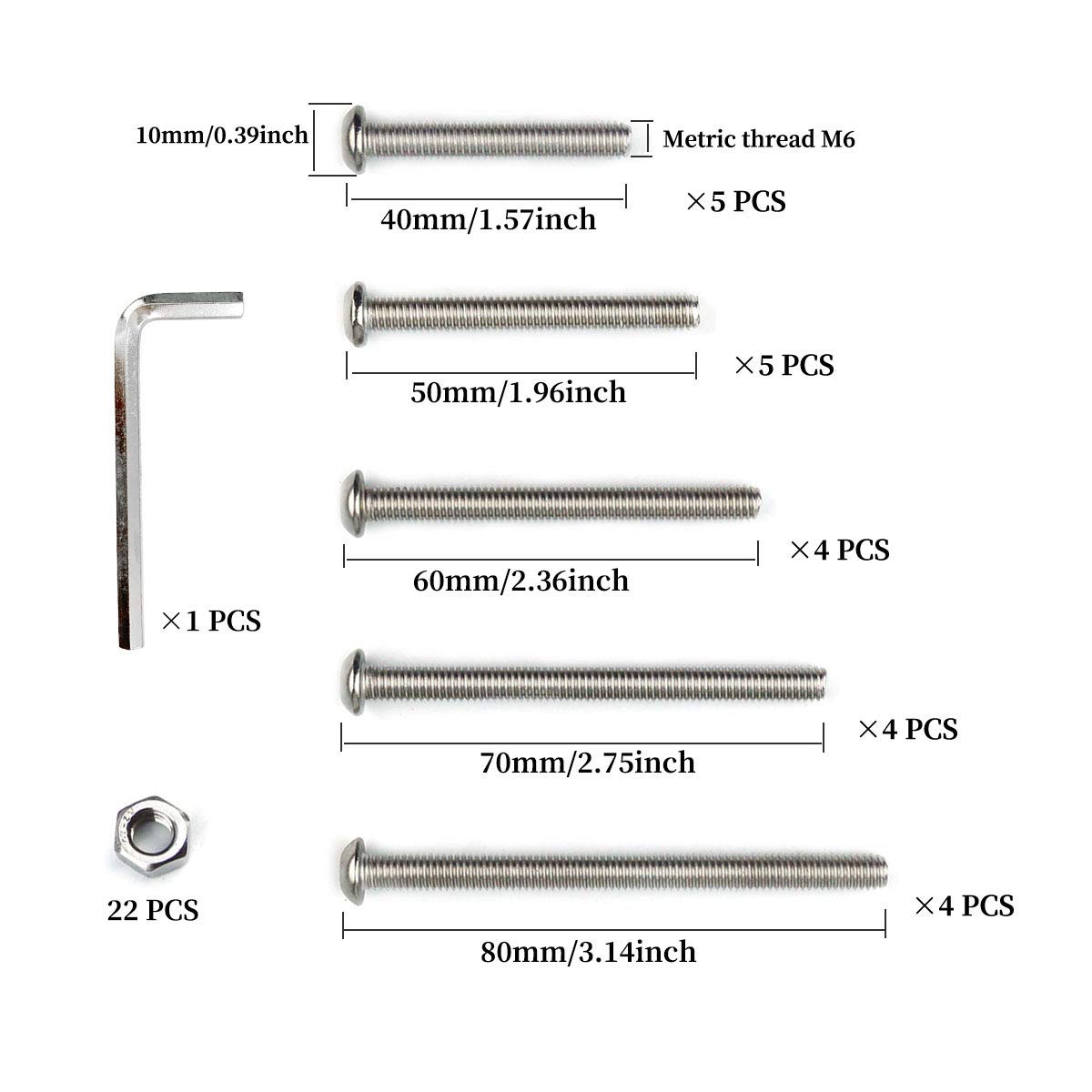 Hamineler 304 Stainless Steel M6 x 80/70/60/50/40mm Metric Hex Socket Button Head Cap Bolts Screws Assortment Set with Nuts Allen Socket Drive