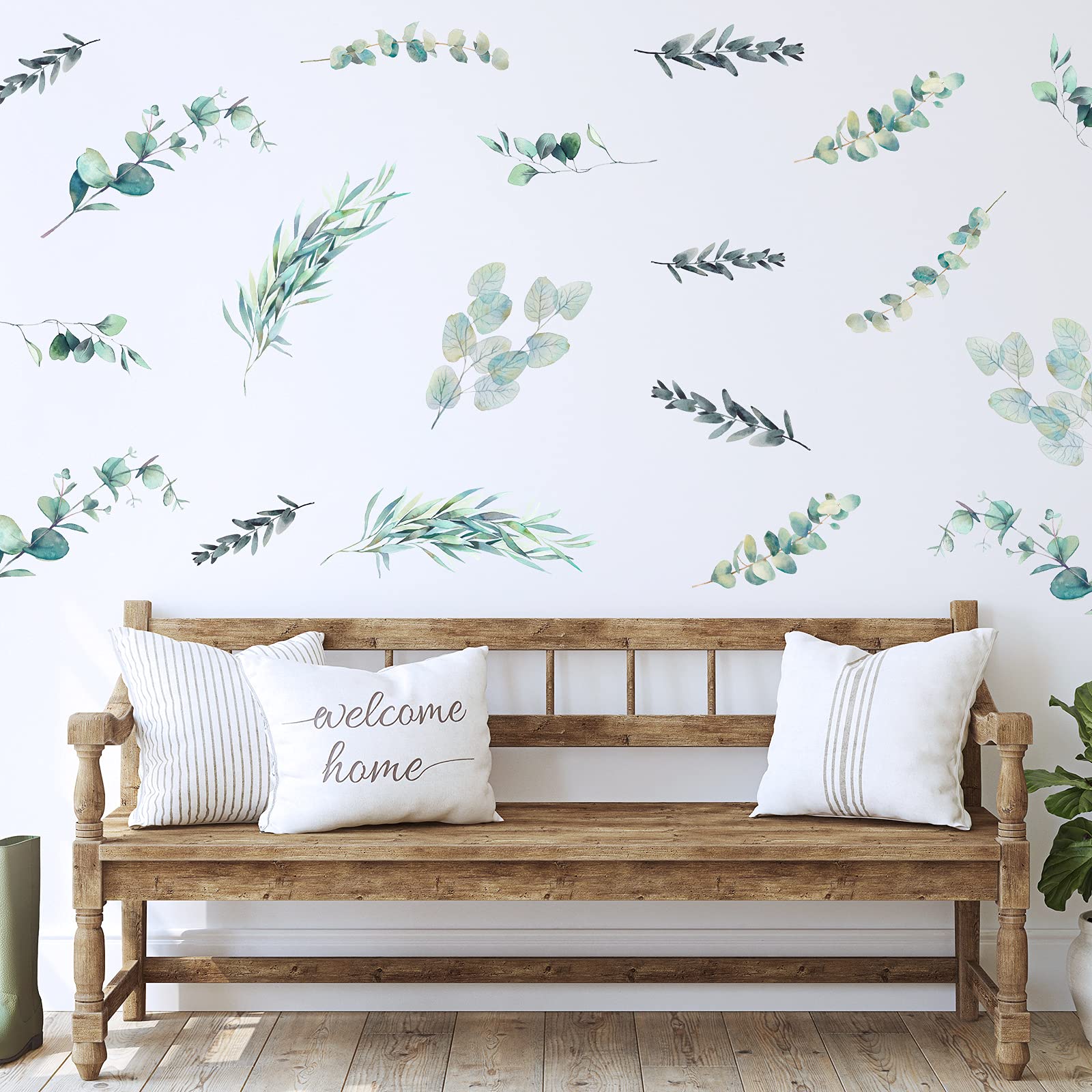 Zonon 32 Pcs Green Leaves Wall Stickers Boho Eucalyptus Leaf Wall Decals Modern Leaves Wall Decals Sage Green Wallpaper Botanical Plant Leaf Wall Decoration for Nursery Bedroom Living Room Decor