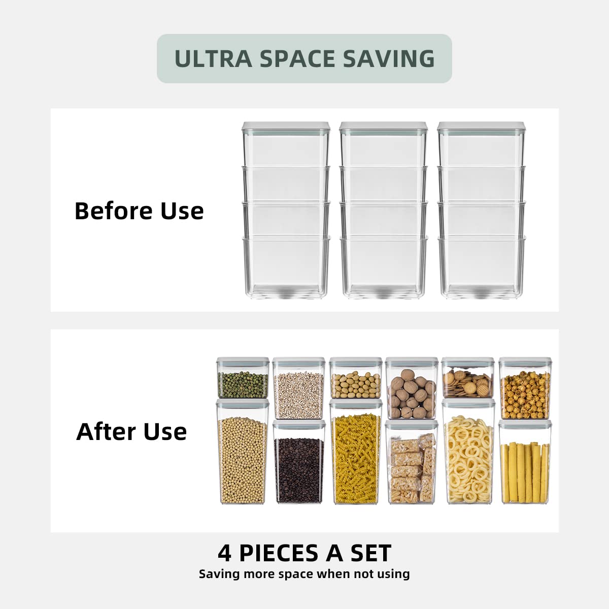 8-Piece Set of Pop Airtight Food Storage Containers with Lids Stackable Containers for Kitchen Pantry Organization Ideal for Cereal Snacks Flour Sugar Coffee and Spaghetti (1.2, 2.0, 2.7, 3.3qt)*2