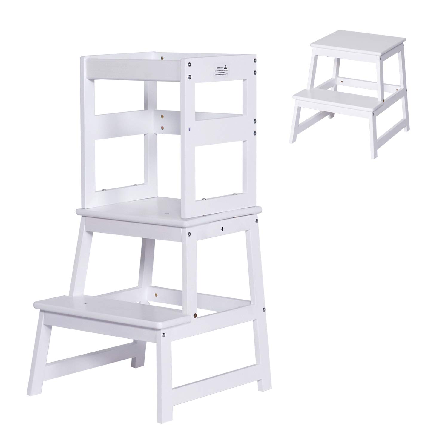 Kinbor Baby Kids Kitchen Step Stool with Safety Rail-Solid Wood Construction Toddler Stool Toddler Stepping Stool for Counter and Bathroom Sink White