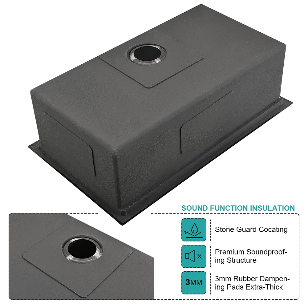 33 Inch Black Stainless Steel Undermount Kitchen Sink - iAnomla 33x19x10 Undermount Workstation Sink 16 Gauge Gunmetal Black Deep Single Bowl Kitchen Sink with Cutting Board & Colander