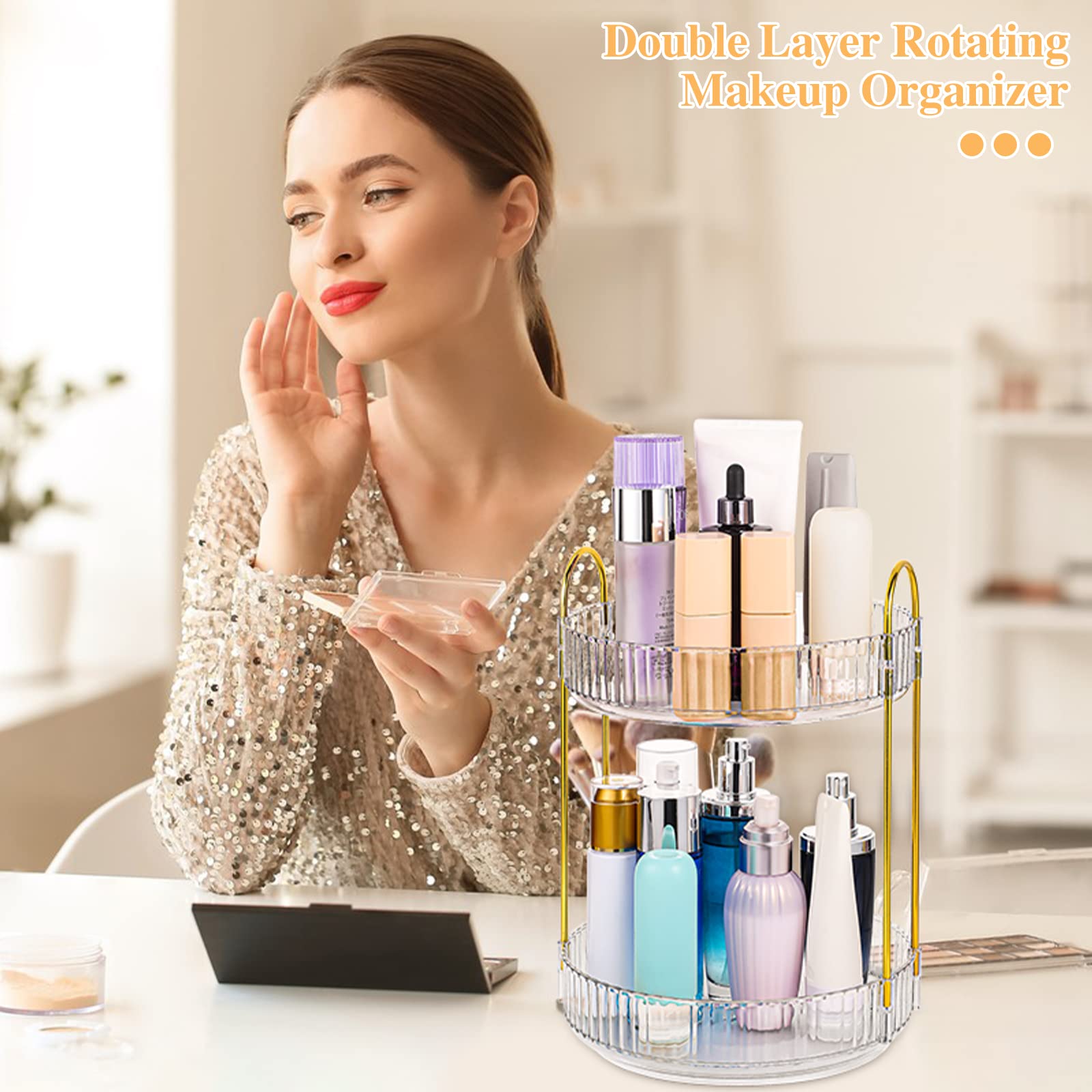 2 Tier 360 Rotating Makeup Organizer, Spinning Perfume Organizer Tiered Lazy Susan Turntable for Skincare Cosmetic Perfume Kitchen Storage for Women