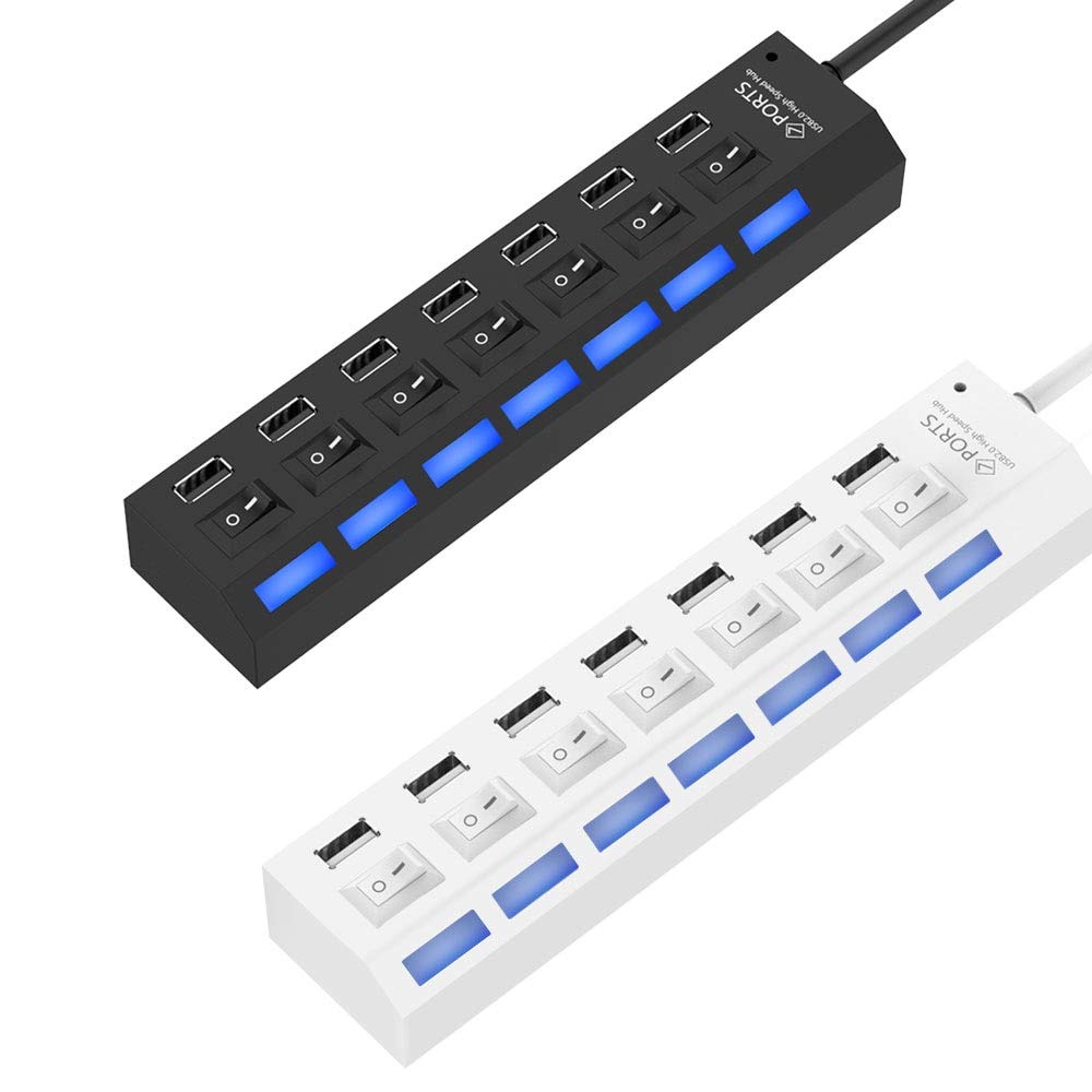 Lysee Data Cables - 7 Ports Micro Hub USB Splitter High Speed USB Hub 2.0 480Mbps On Off Switch USB Splitter Adapter For PC Laptop Computer USB Hub - (Color: White)