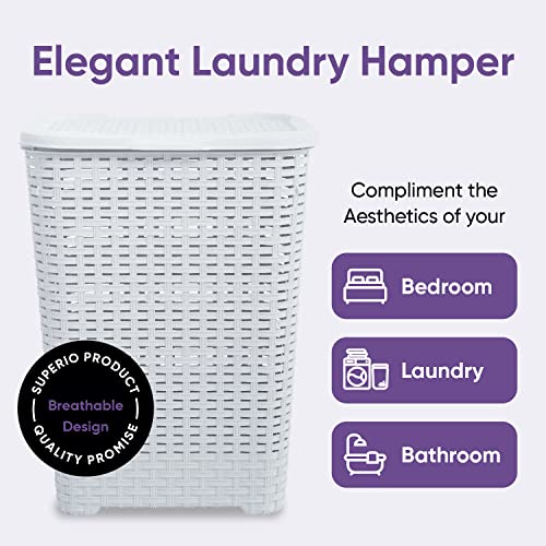 Superio Laundry Hamper with Lid 60 Liter Ivory (2 Pack) Plastic Wicker Large Hampers Basket with Cutout Handles, Deluxe Bin to Storage Dirty Cloths in Washroom Bathroom