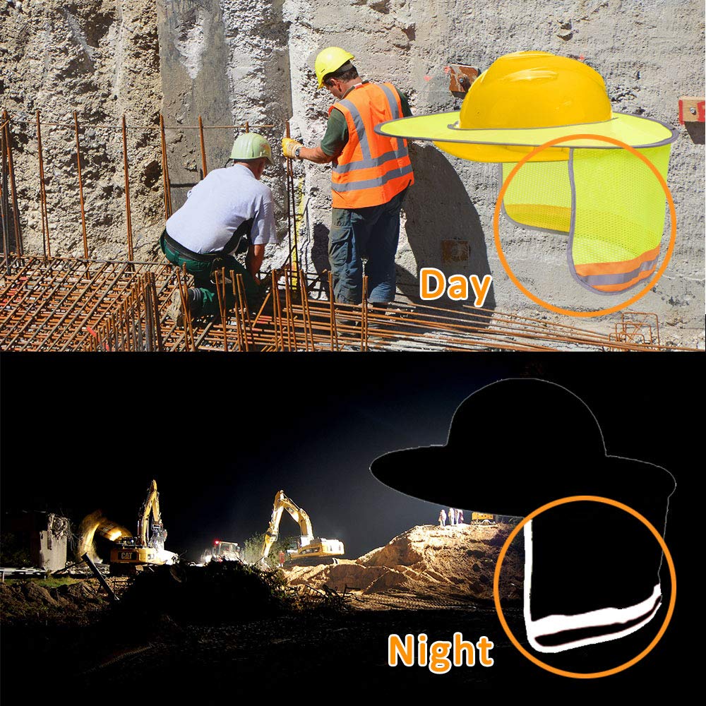 2 Pack Hard Hat Sun Shade, Llamaababie Full Brim Mesh Neck Shield for Construction Helmets, Sun Visor with High Visibility & Reflective Strip (Hard Hat Not Included) (Yellow 2PC)