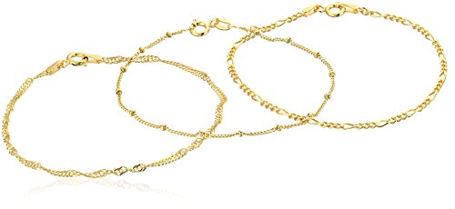 Amazon Collection Gold Plated Sterling Silver Set of Three Singapore, Figaro and Bead Station Chain Bracelet, 7'