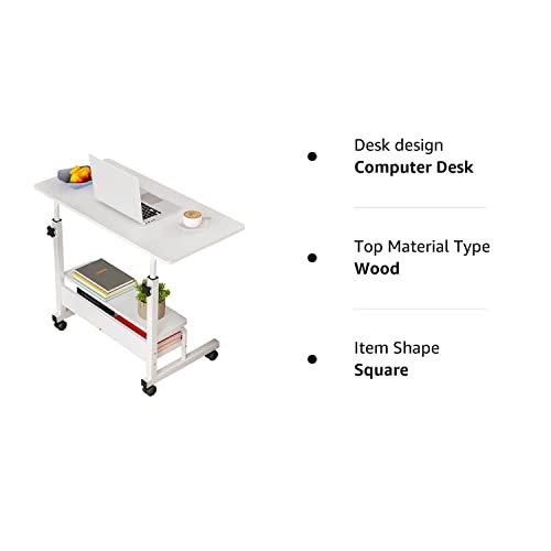 Adjustable Table Student Computer Desk Portable Home Office Furniture Small Spaces Desk Sofa Bedroom Bedside Desk Learn Play Game Desk on Wheels Movable with Storage Desk Size 31.5 * 15.7 Inch,White