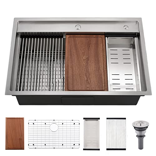 33 inch Drop in Kitchen Sink Splash Guard Workstation - Top Mount Sink 16 Gauge Stainless Steel Large Sink Single Bowl with Cutting Board and Accessories