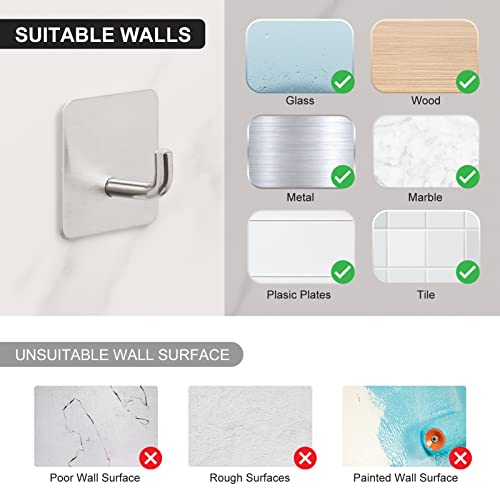 Budding Joy Adhesive Hooks Heavy Duty Stick on Wall Towel Door Waterproof Stainless Steel Holders for Hanging Clothes Bathroom Hook 4 Pack