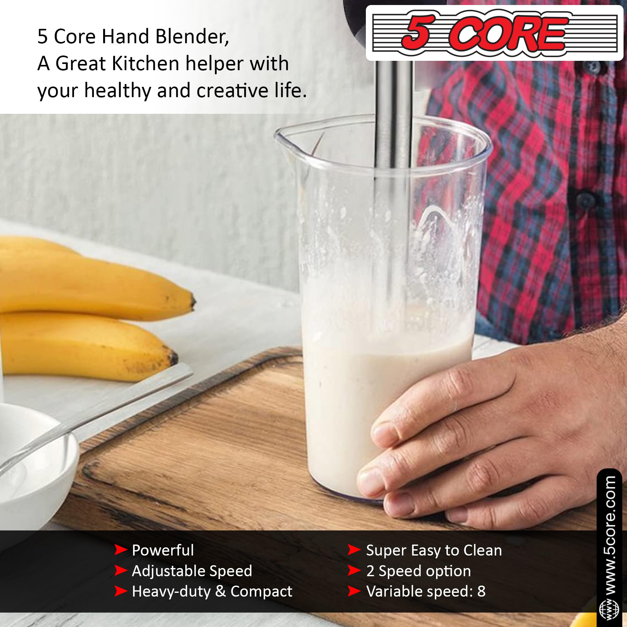 5 Core Immersion Blender Handheld Electric Whisk Hand Blender 8-Speed 500W Hand Held Stick Blender with Food Grade Stainless Steel Blades for Perfect for Smoothies Puree Baby Food Soup