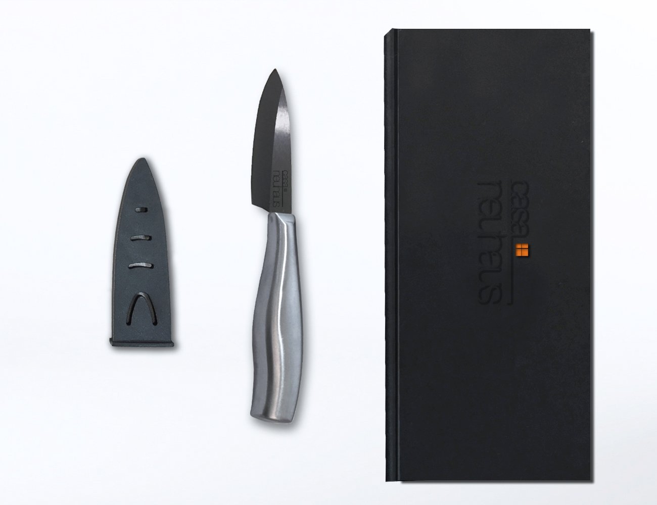 Casa Neuhaus Black Series Utility Set Ceramic Knives - 3 inch Paring Knife & 5 inch Utility Knife - Black Ceramic Blade & Stainless Steel Handle - Includes Knife Sheath and Black Series Gift Box