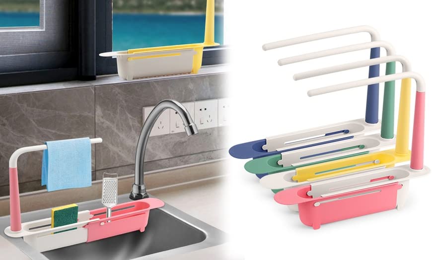 Adjustable Telescopic Sink Storage Organizer Rack Sponge Soap Drain Basket Expandable Organizer for Home Kitchen with Dish Cloth Hanger (Pink)
