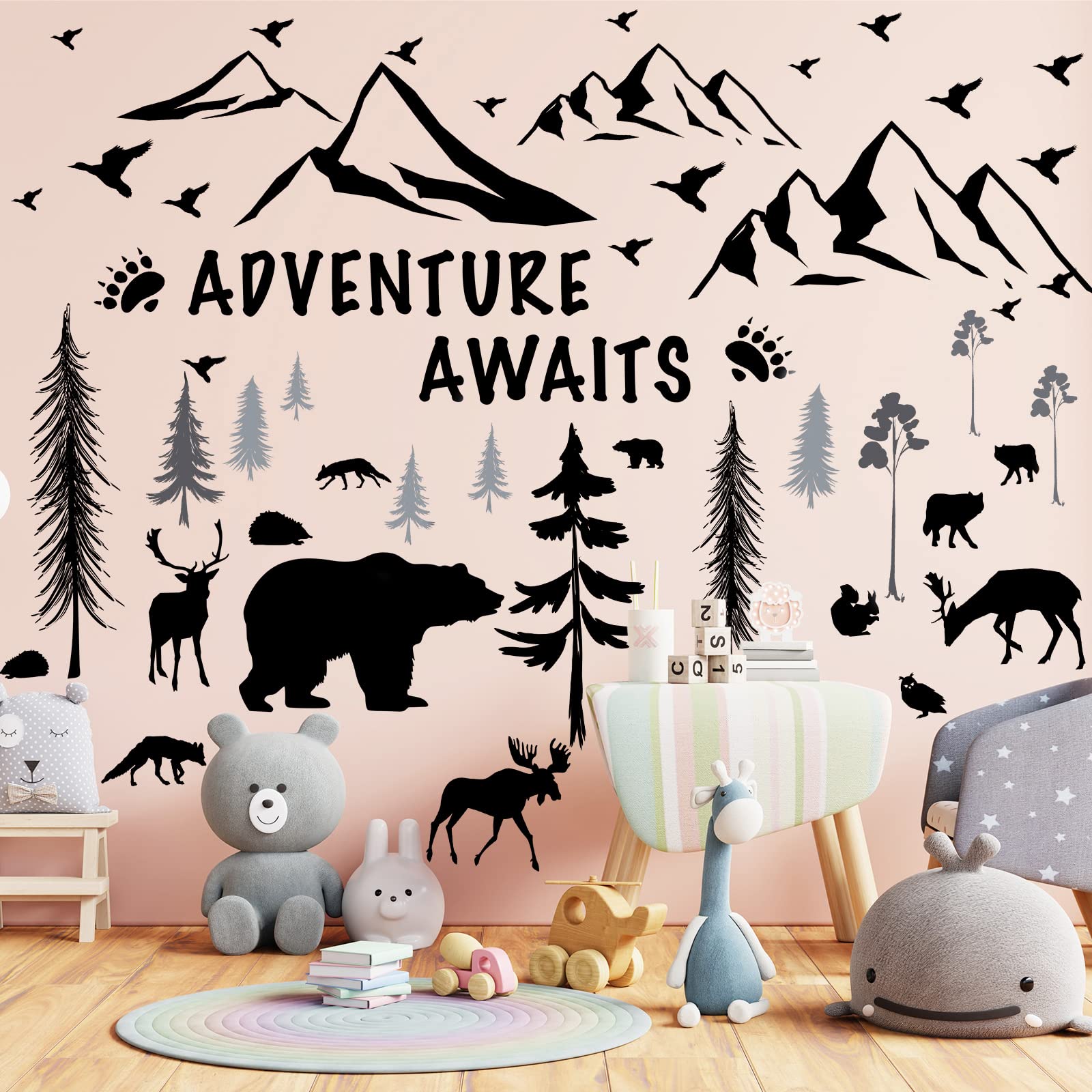 4 Sheets Mountain Wall Decal Rustic Nursery Wall Decals Dreamy Forest with Pine Tree Deer Peel and Stick Inspirational Quote Wall Stickers DIY Wall Decals for Kids' Room (Black,19.69 x 15.75 Inches)