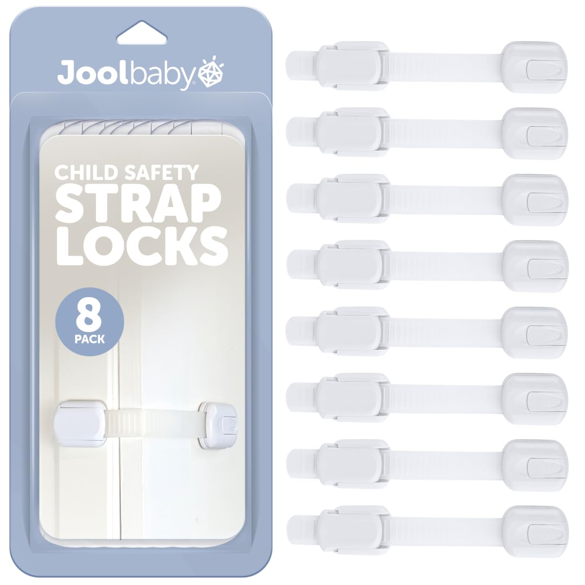 Child Safety Strap Locks (8 Pack) Baby Proof Cabinets, Drawers, Fridge, Toilet & Trash Cans – 3M Adhesive Childproof Locks – Jool Baby