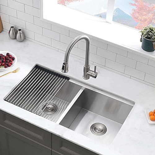 33 Inch Undermount Double Bowl Kitchen Sink Workstation- Wesliv 33x19 Stainless Steel Undermount Kitchen Sink 50/50 Low Divide Double Bowl Kitchen Sink 16 Gauge Deep Ledge Workstation Sink