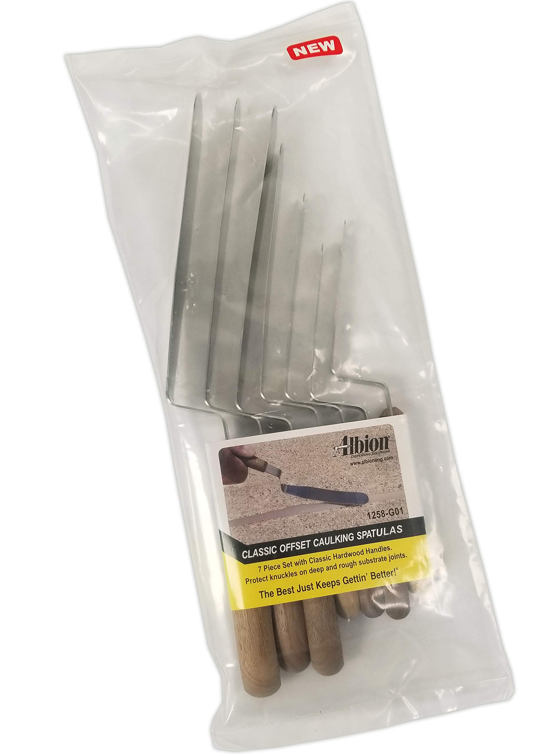 Albion Engineering 1258-G01 7-Piece Classic Offset Caulk Tooling Spatula Set, Stainless Steel with Hardwood Handle