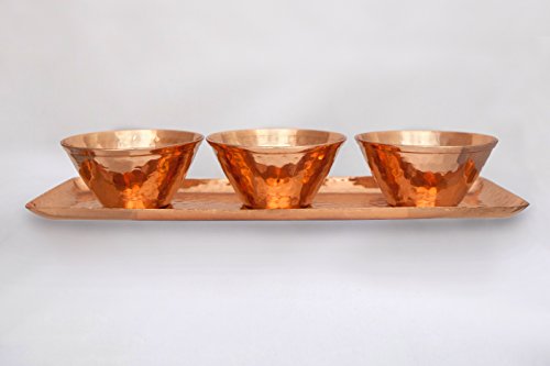 Alchemade 100% Pure Copper Tray With Three Bowls - Rectangular Metal Serving Tray Platter With Bowls For Parties, Or Everyday Use In Your Home Or Office