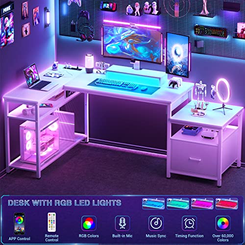 Aheaplus L Shaped Desk with Power Outlet, Standing Home Office Desk with Lift Top and File Drawer, 63'' Corner Computer Desk with Monitor Stand&Printer Shelves, Gaming Desk with Led Lights, White