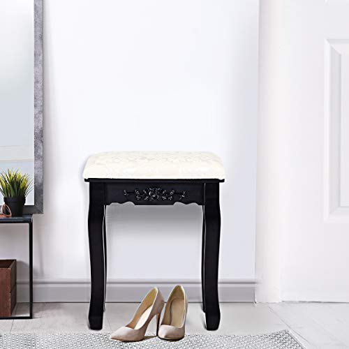 GOFLAME Vanity Stool, Retro Makeup Dressing Bench with Solid Wood Legs, Piano Seat with Carved Flowers, Thick Padded Cushioned Chair with 250lb Capacity, Large Vanity Benches for Bedroom (Black)
