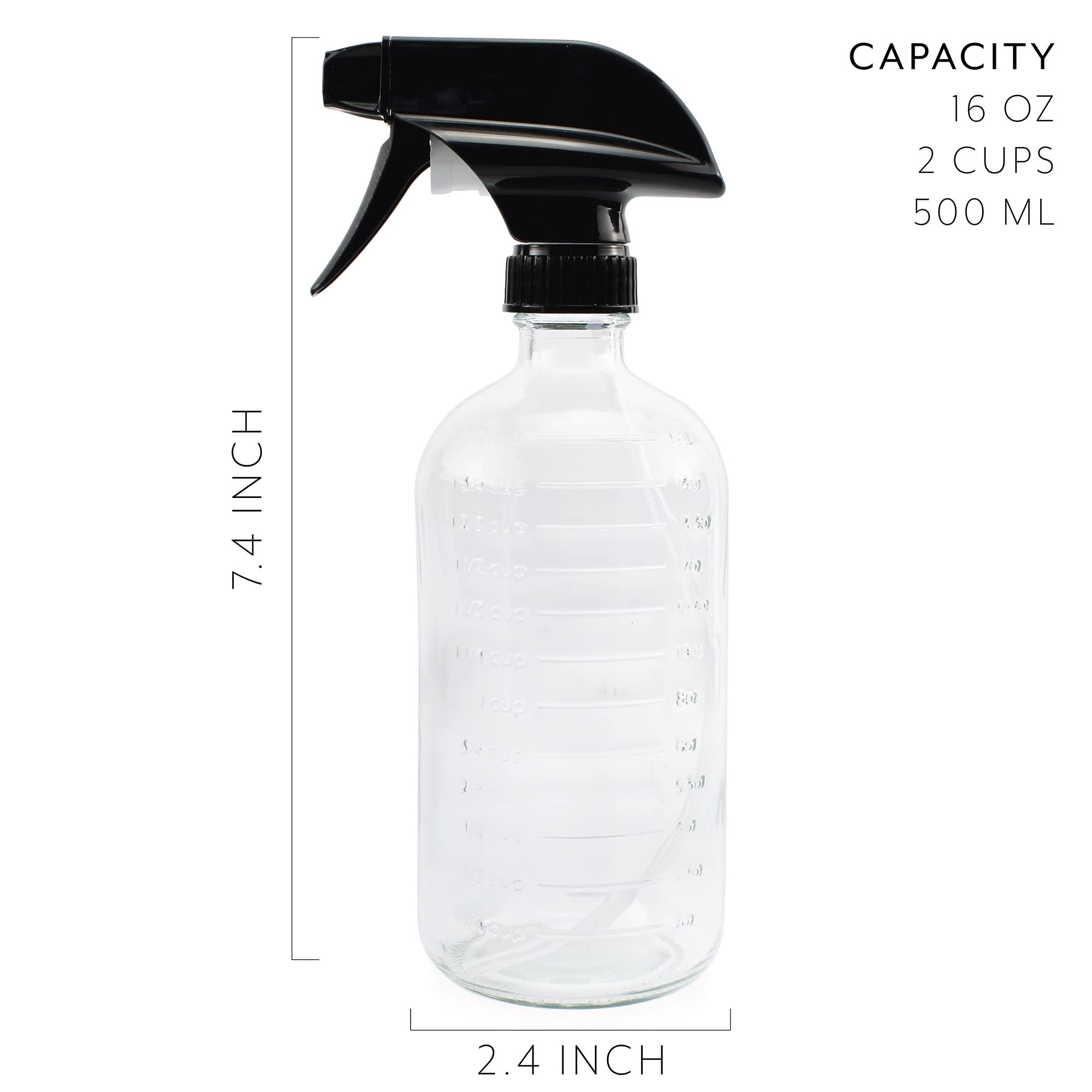 Cornucopia 16-Ounce Clear Glass Spray Bottles with Measurements (2-Pack); Sprayer Bottle with 3-Setting Heavy Duty Sprayers for Mist, Stream, OFF